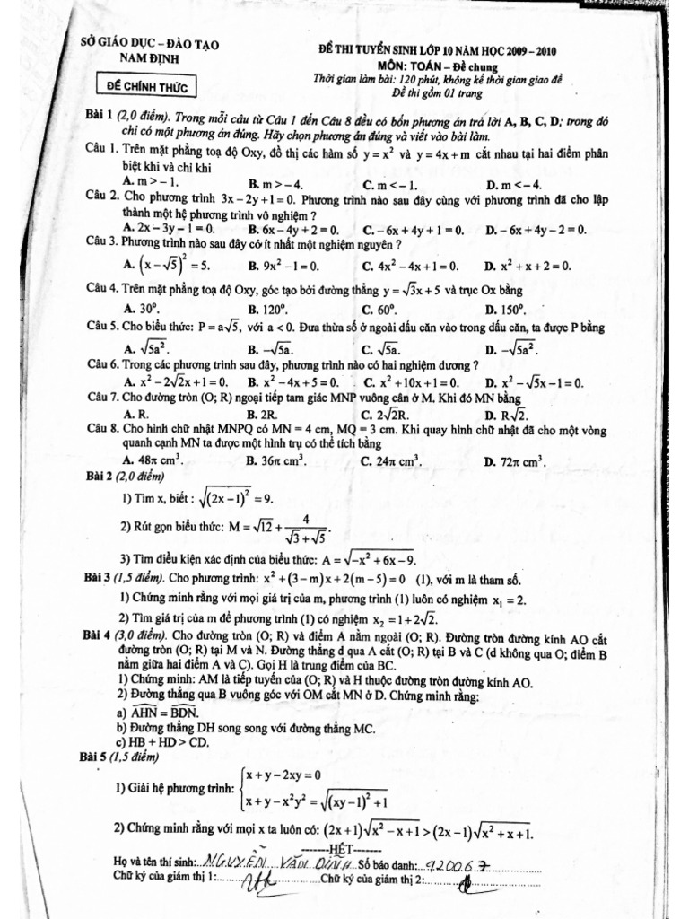 De Thi Vao 10 Nam Dinh | PDF