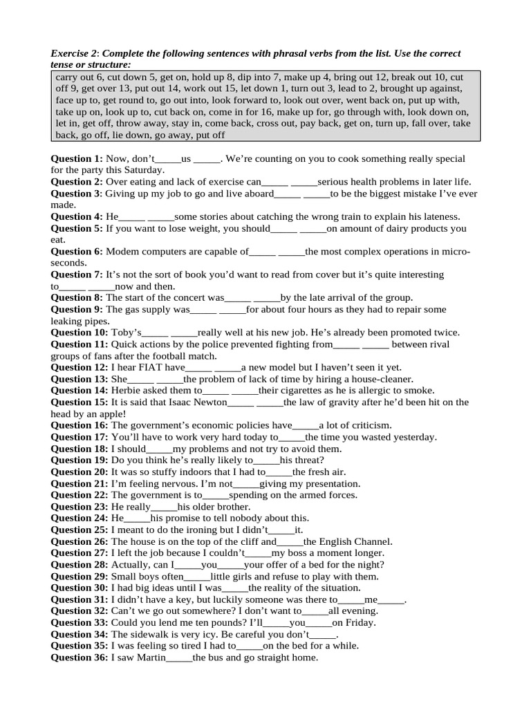 Phrasal Verb Exercises and Answers | PDF