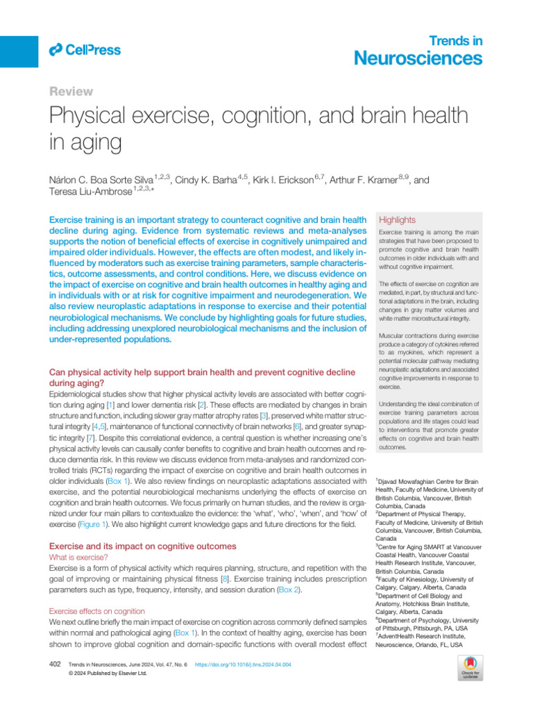 Physical Exercise, Cognition, and Brain Health in Aging | PDF ...