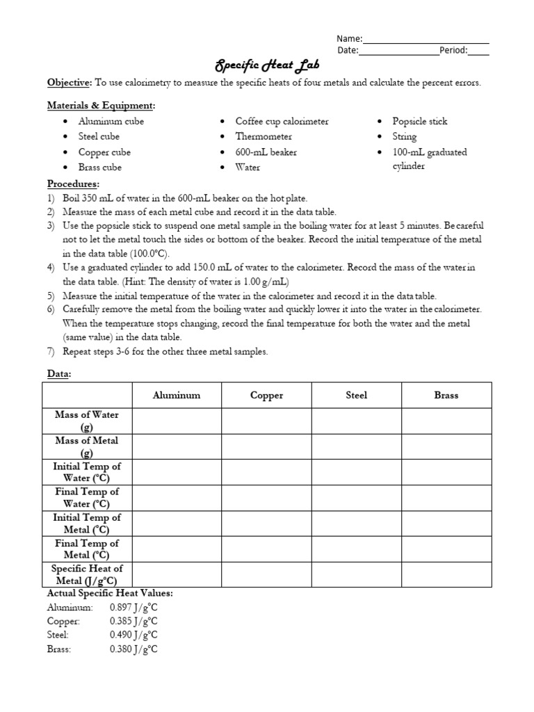 Specific Heat Lab | PDF | Metals | Thermodynamics