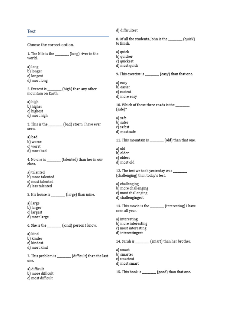 Adjectives Test Questions Only | PDF | Adjective | Preposition And ...