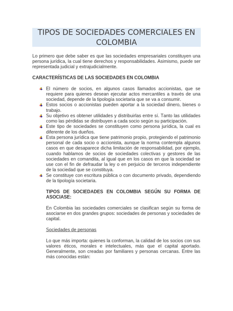 Tipos de Sociedades Comerciales en Colombia | PDF | Sociedad de responsabilidad limitada | Sociedad