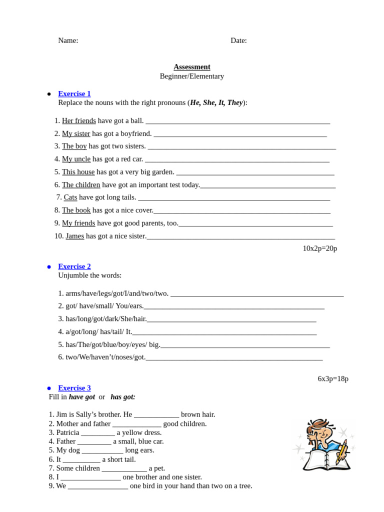 Assessment Haveword Orderpersonal Pronouns Grammar Drills Tests ...