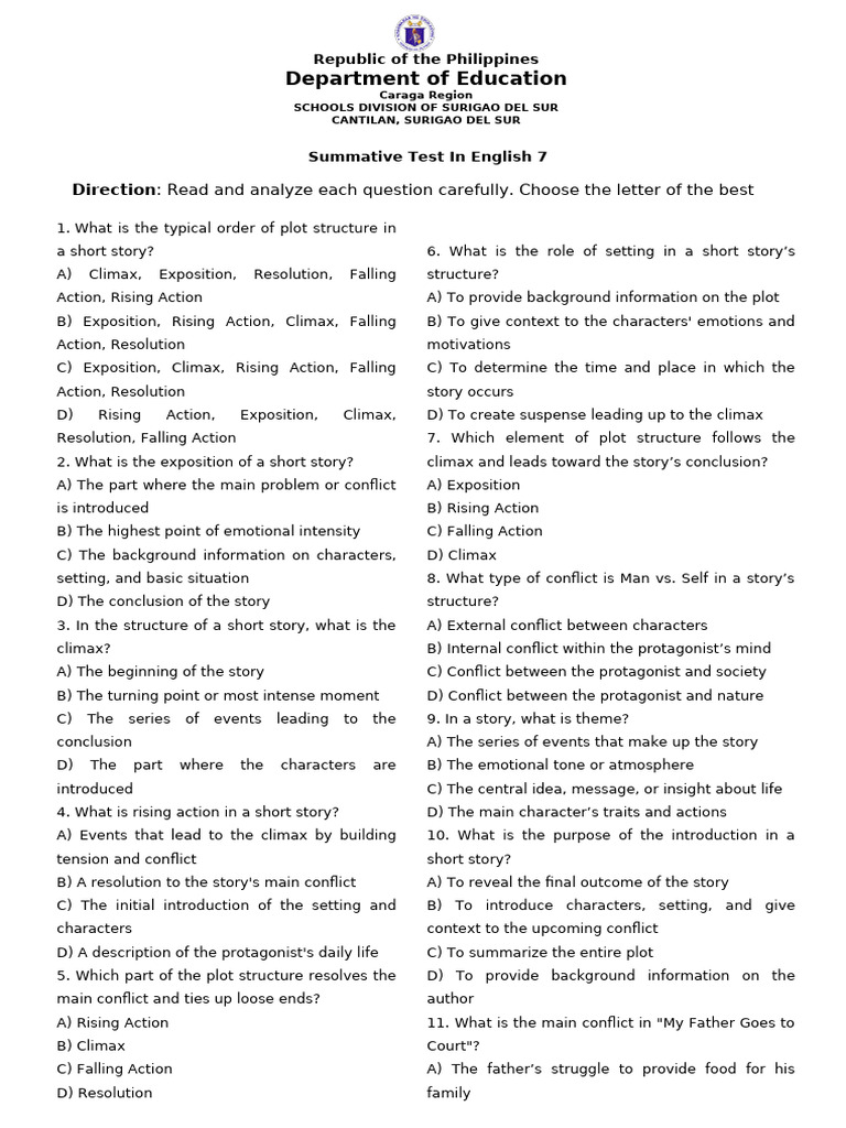 English 7 Summative Test: Plot Structure | PDF | Plot (Narrative ...