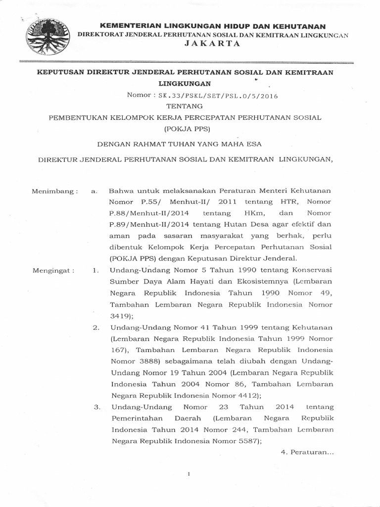 SK 33 Pokja. Men-Lhk (Mei 2016) - Genesis Pokja Ps. Dir-Pskl | PDF