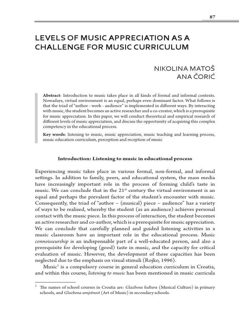 LEVELS OF MUSIC APPRECIATION AS A CHALLENGE FOR MUSIC CURRICULUM | PDF ...