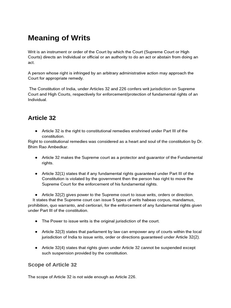 Writs in Indian Constitution @lawvita | PDF | Writ Of Prohibition | Writ