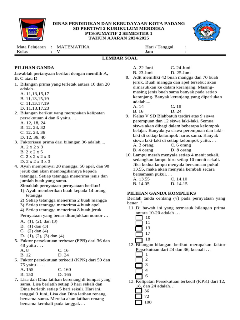 Soal PTS MTK Kelas 5 Semester 1 | PDF