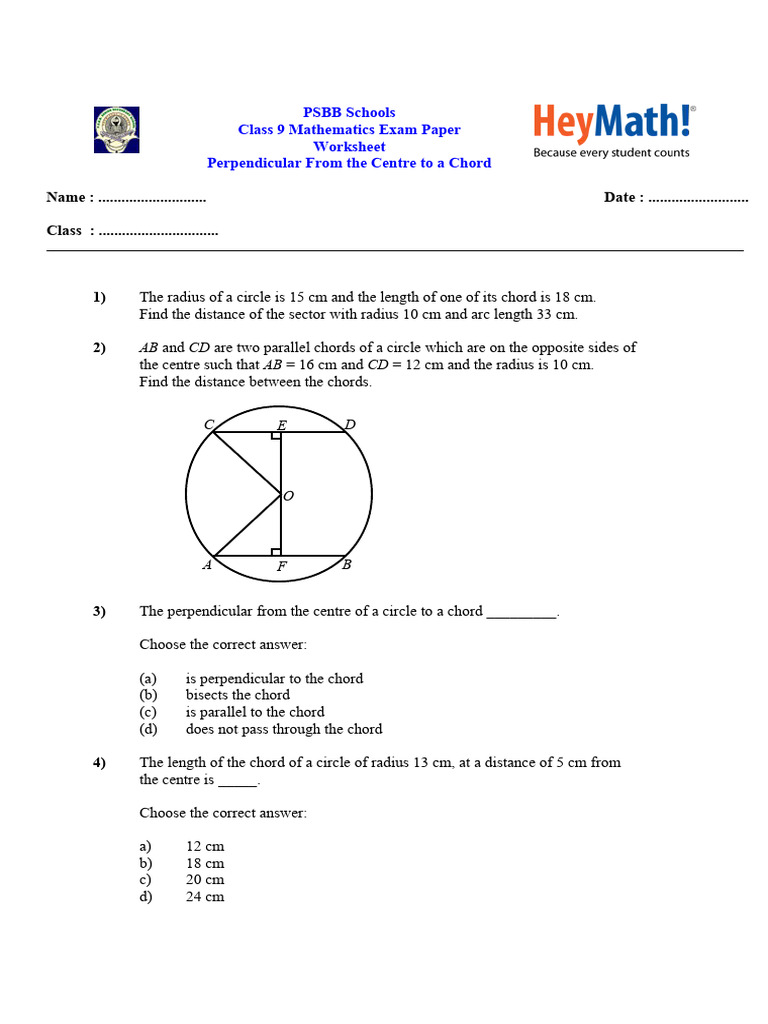 Class 9 Maths Circles Worksheet-7 | PDF | Circle | Perpendicular
