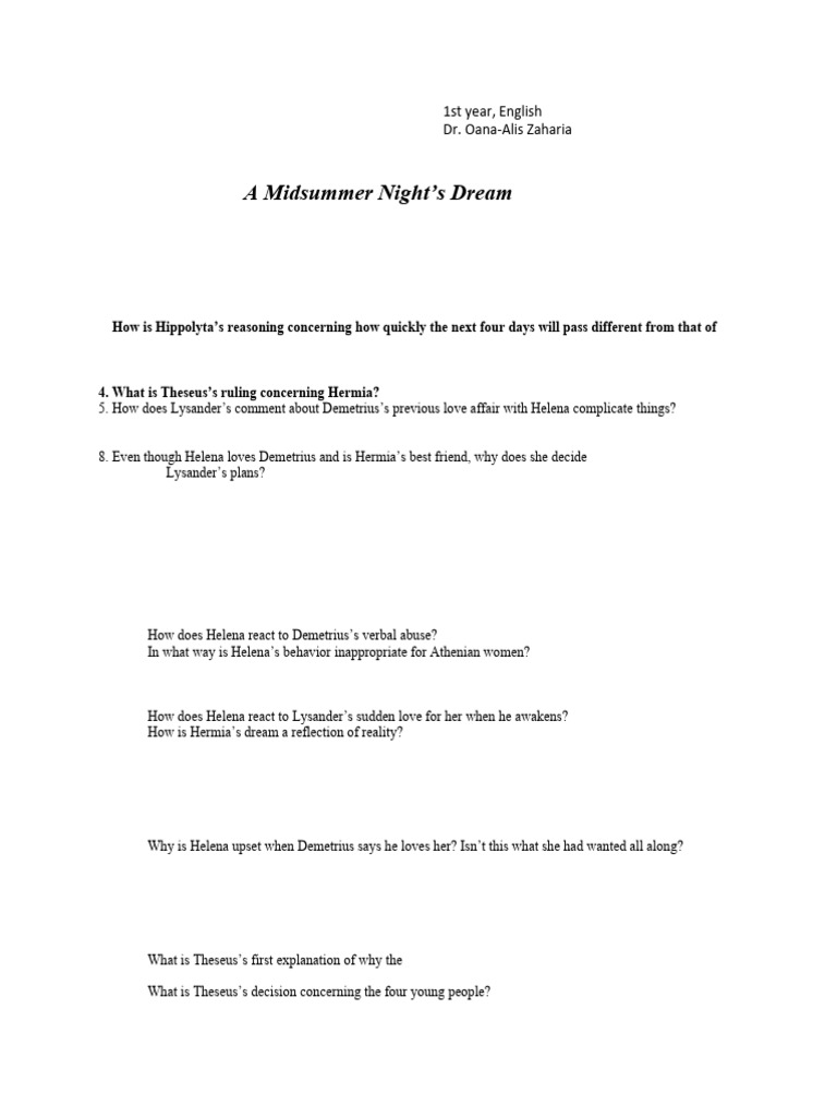 A Midsummer Night's Dream Study Questions | PDF | A Midsummer Night's Dream