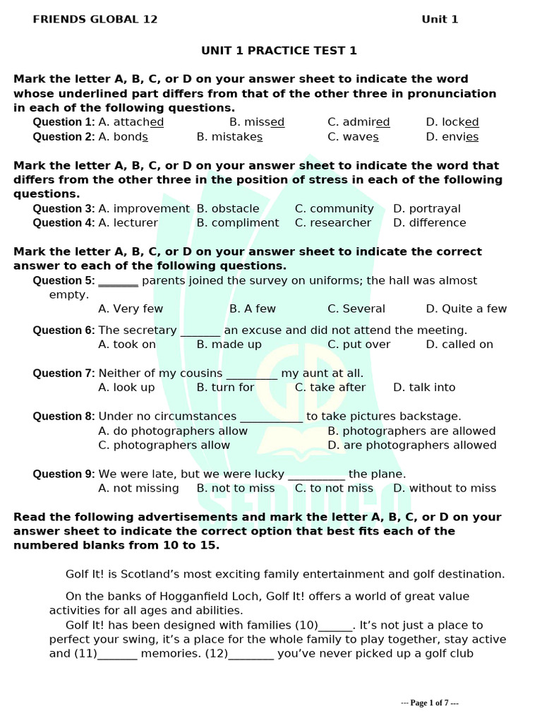 Friends Global 12 Unit 1 Practice Test | PDF
