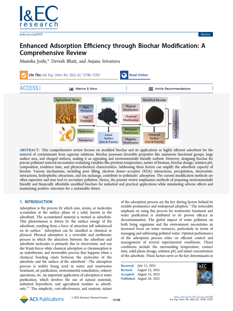 Joshi Et Al 2023 Enhanced Adsorption Efficiency Through Biochar Modification A Comprehensive ...