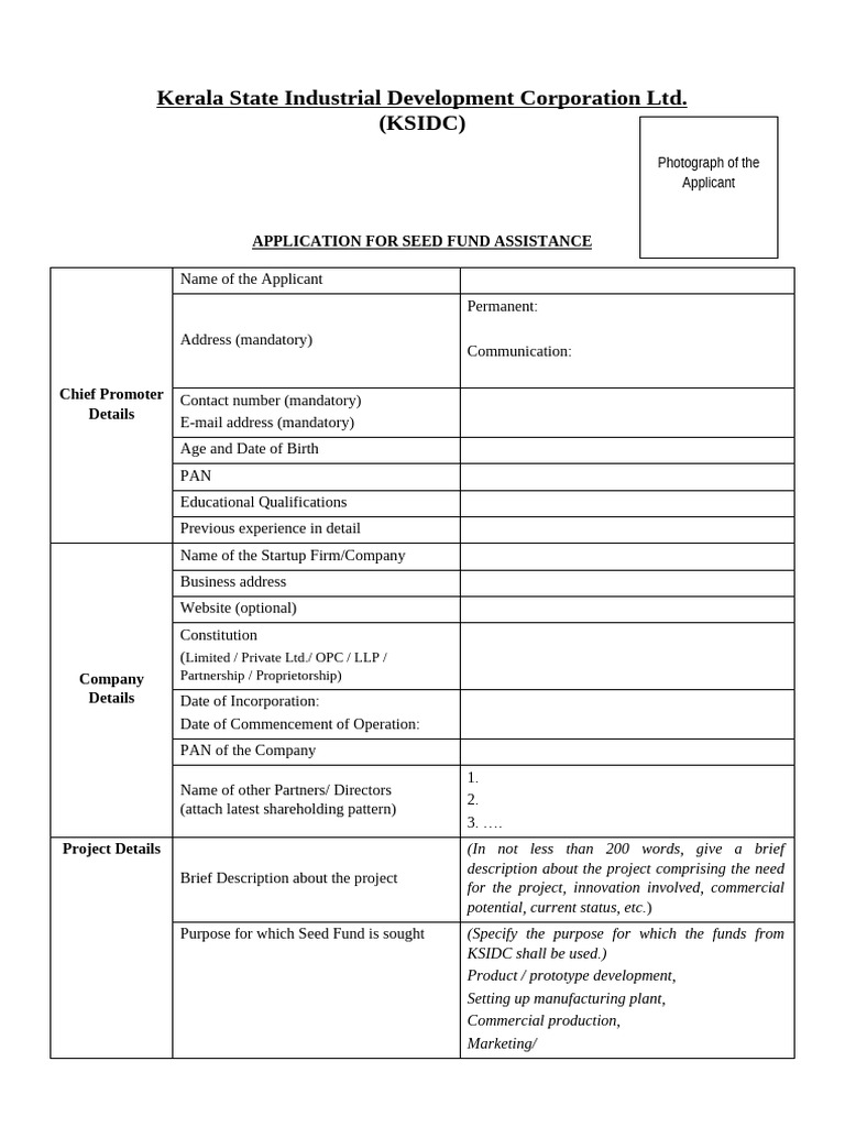 KSIDC Seed Fund Application Form | PDF | Business Economics | Business