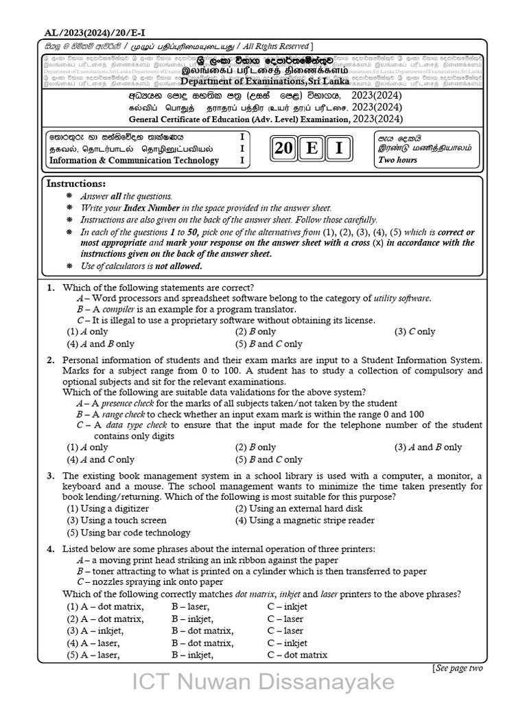 2023 AL ICT Past Paper (MCQ) | PDF | Search Engine Optimization | Computer Programming
