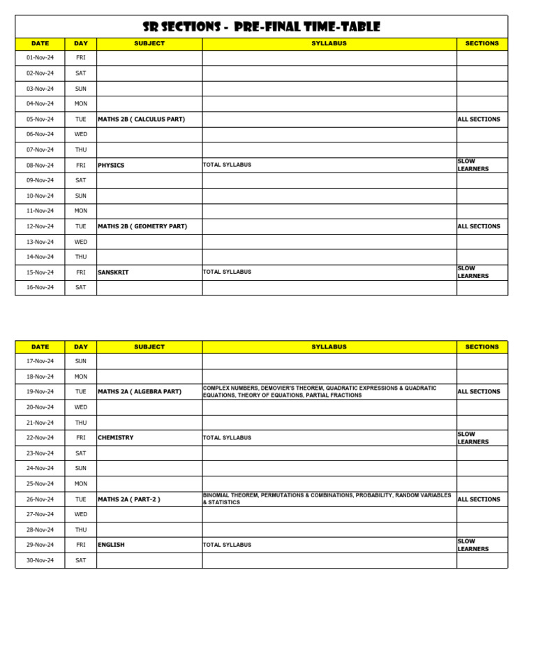 2024 Pre-Final Exam Time-Table | PDF | Mathematics | Equations