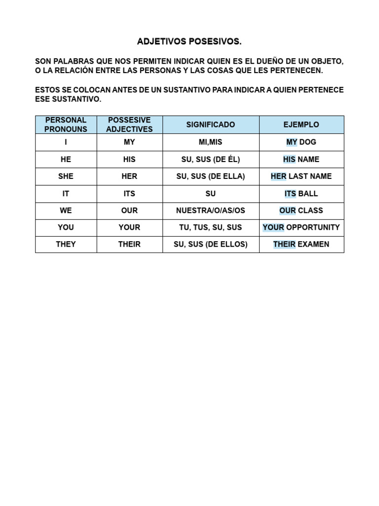 Adjetivos Posesivos | PDF
