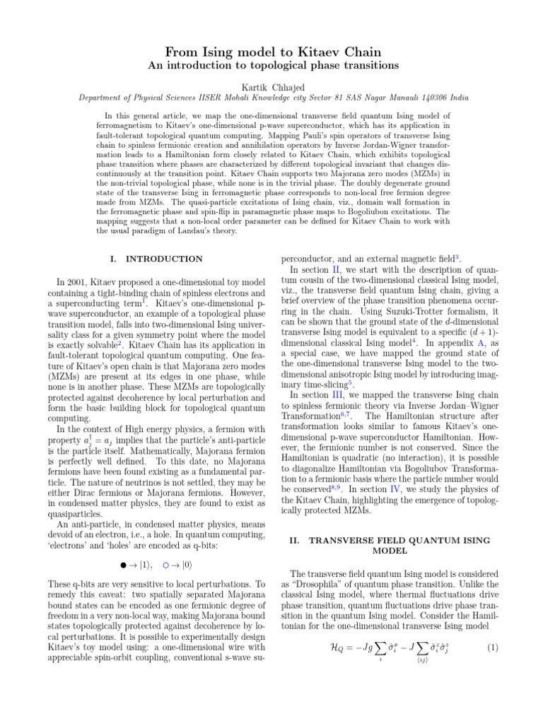 From Ising model to Kitaev Chain 2009.01078v6 | PDF | Spin (Physics) | Mathematical Physics