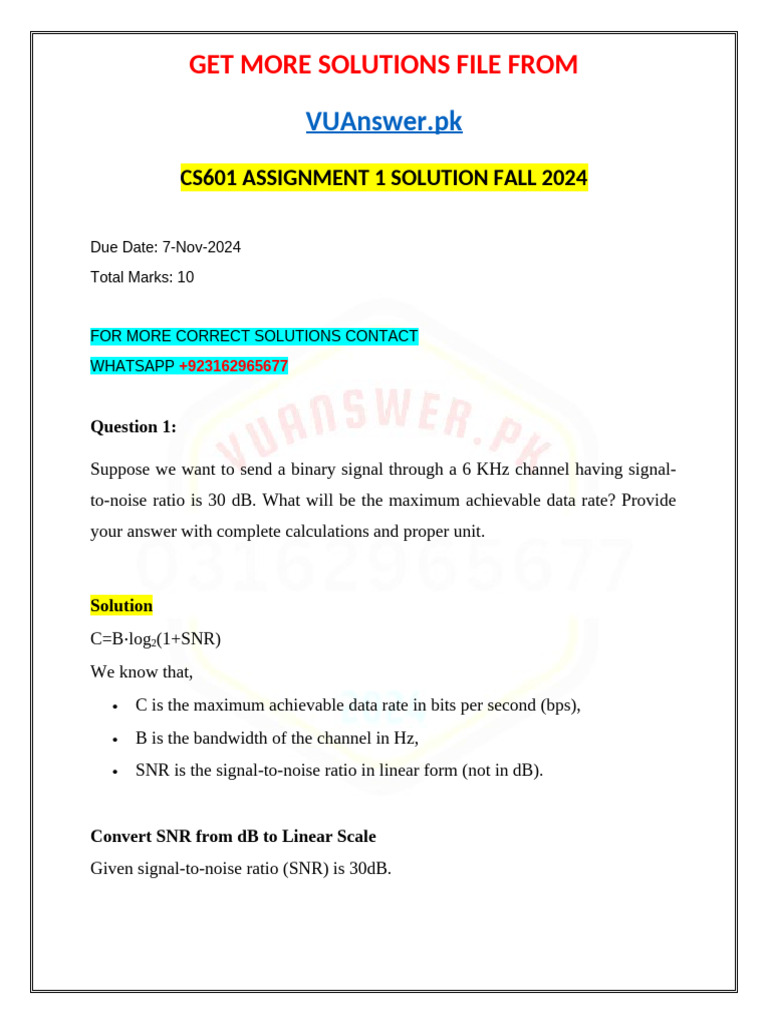 CS601 Assignment 1 Solution Fall 2024 | PDF | Signal To Noise Ratio | Bit Rate