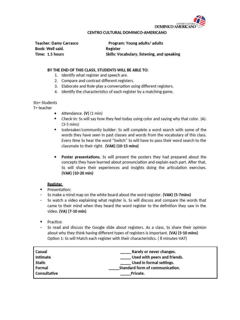 Register, Speech and Pronunciation Profile | PDF | Vocabulary | Speech
