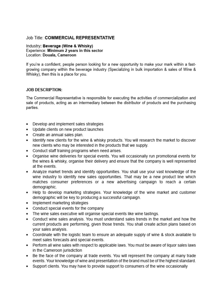 Job Vacancy - Commercial Representative | PDF | Marketing | Business