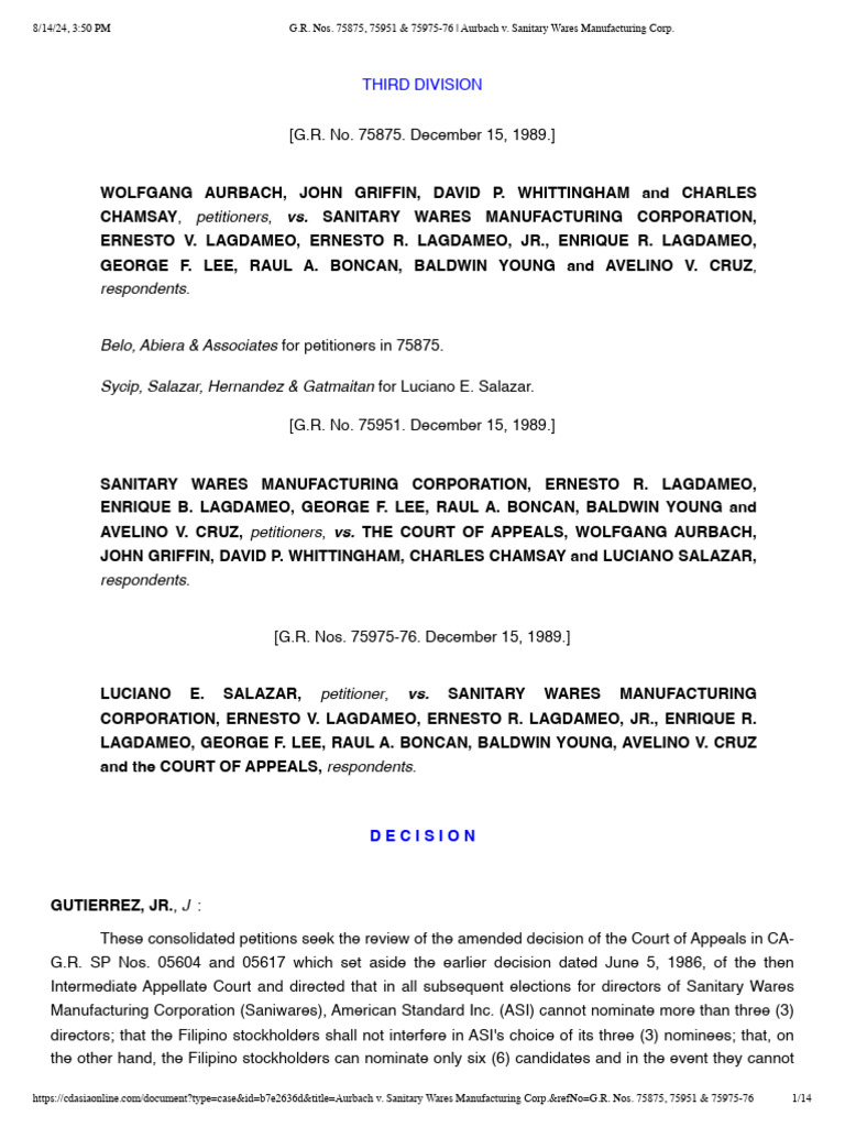 Aurbach v. Sanitary Wares | PDF | Corporations | Joint Venture