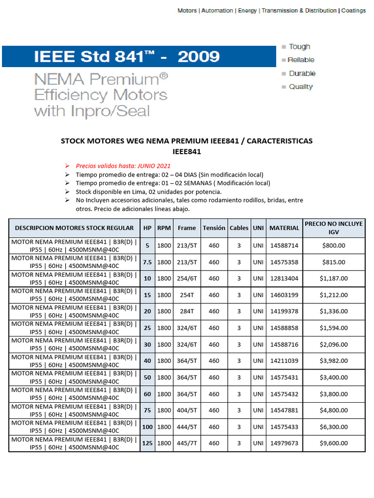 Stock Motores Weg Nema Premium Ieee841 | PDF | Vehículo de motor