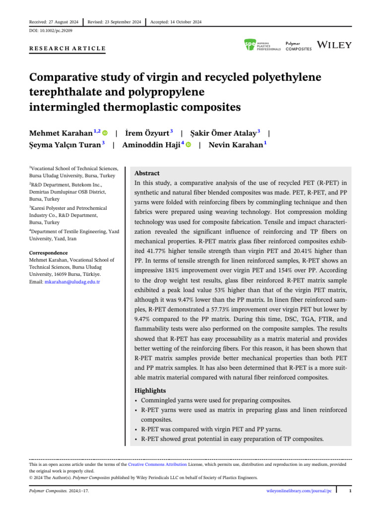 Polymer Composites - 2024 - Karahan - Comparative Study of Virgin and ...