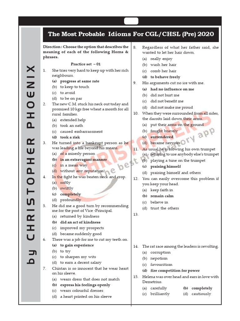 CGL/CHSL 2020 Idioms Practice Sets | PDF