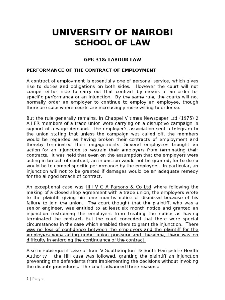 Labour Law UON - Peformance of Contract of Employment | PDF ...