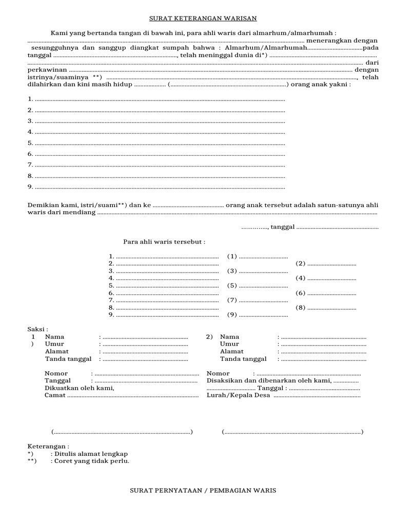 Contoh Surat Keterangan Warisan | PDF