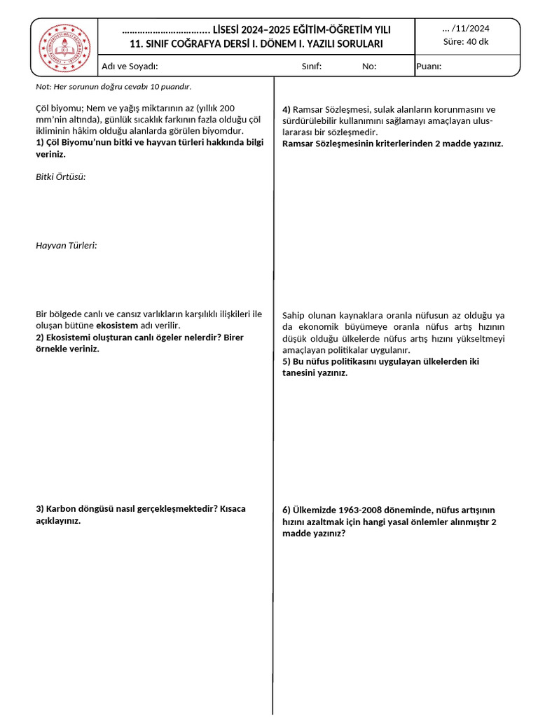 11 Sinif 1 Donem 1 Yazili 2024 2025 | PDF