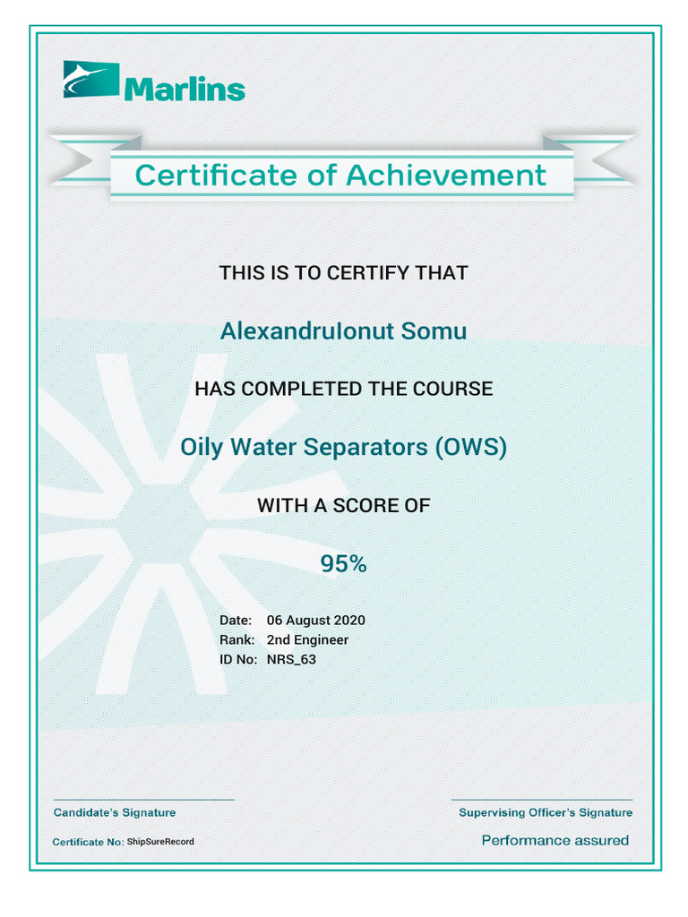 AlexandruIonut Somu - Oily Water Separators (OWS) - Certificate | PDF ...