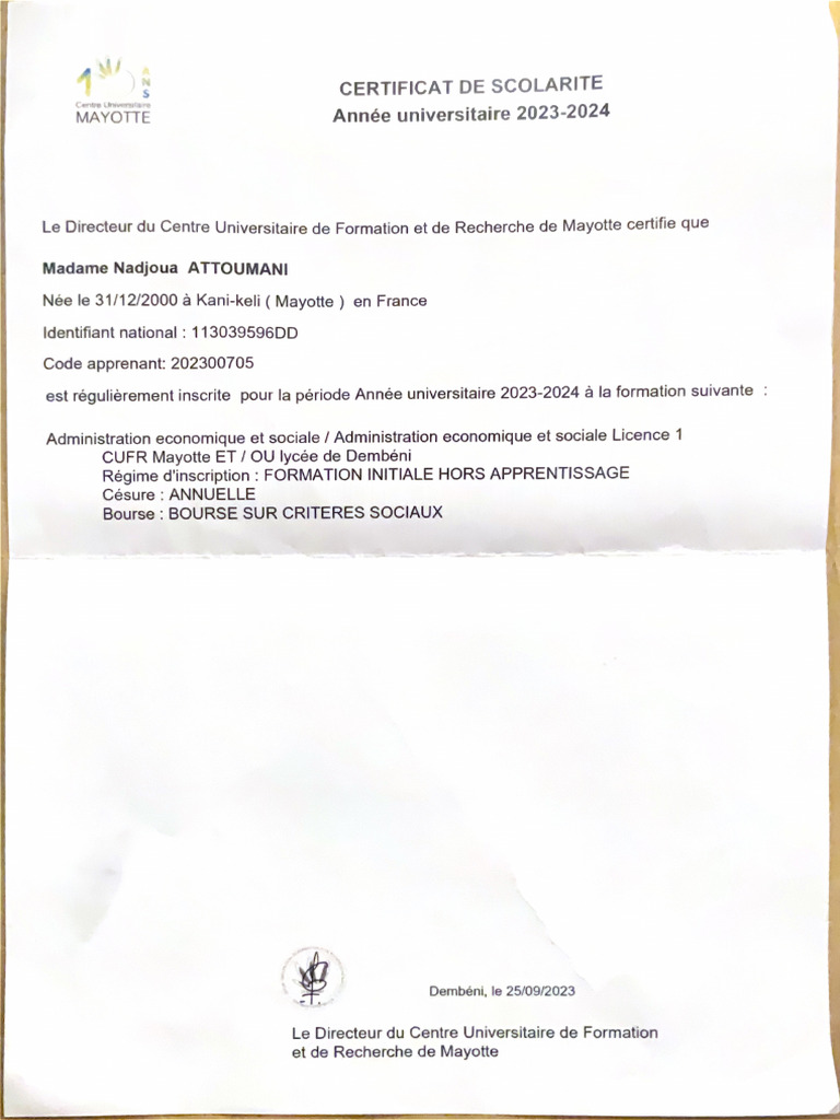 Certificat de Scolarité | PDF