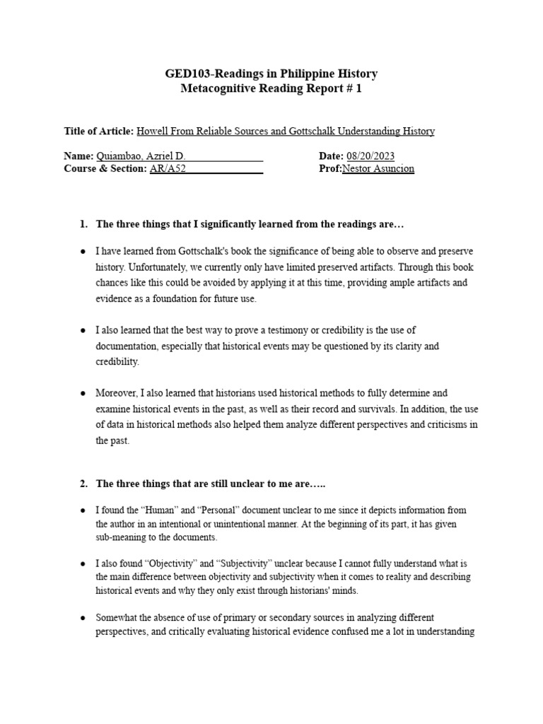 Quiambao AR A52 GED Assessment 1 - MRR1-Module1-15% | PDF | Cognition | Liberal Arts Education