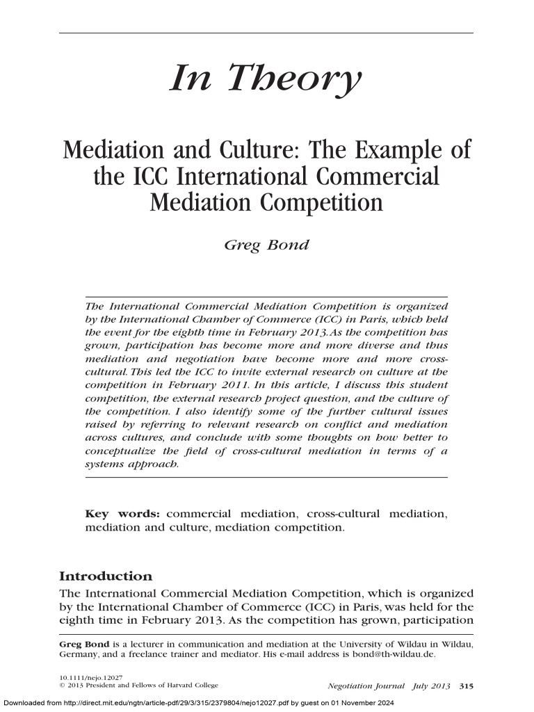 BOND. 2013. Mediation and Culture The Example of The ICC International Commercial Mediation ...