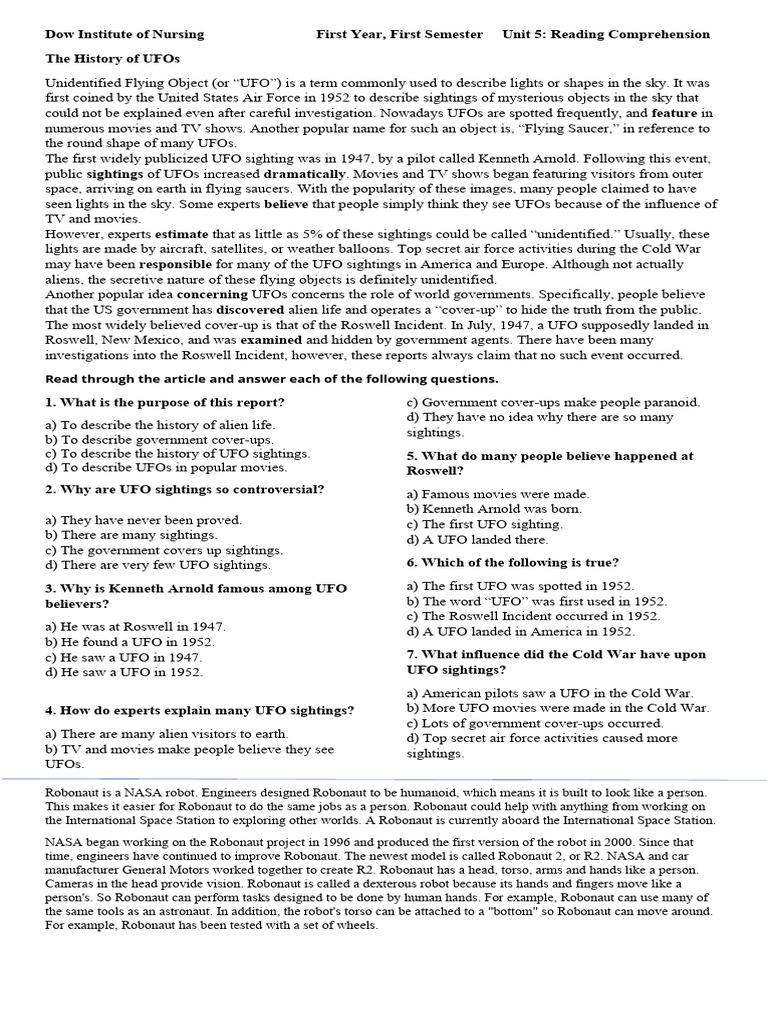 Unit 5 Reading Comprehension | PDF | Unidentified Flying Object | Outer ...