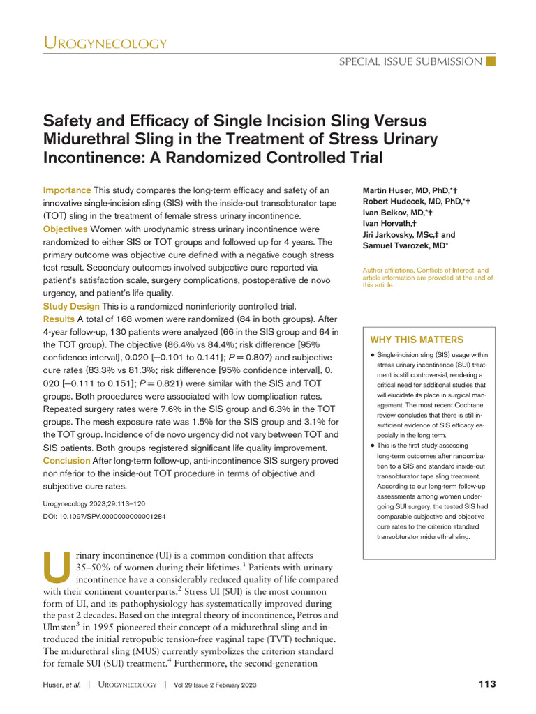 Safety and Efficacy of Single Incision Sling Versus Midurethral Sling ...