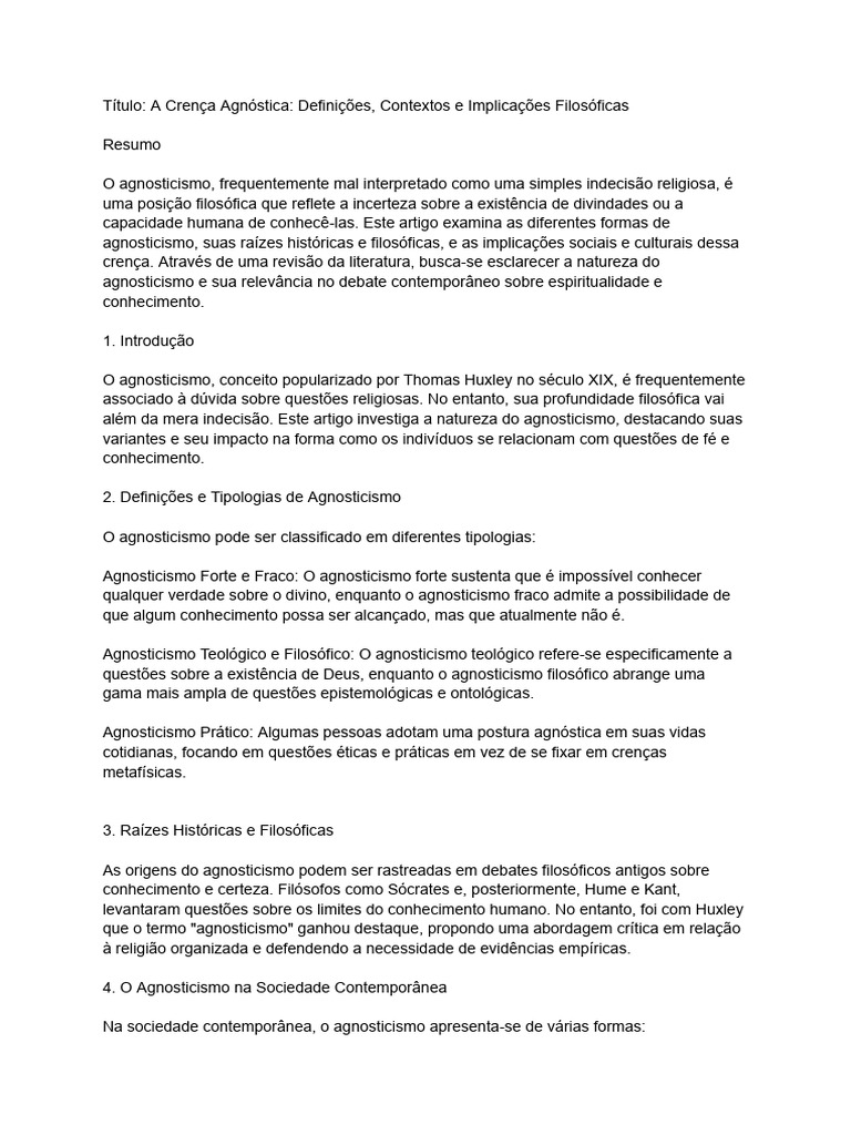 Entendendo o Agnosticismo: Definições e Impactos | PDF | Agnosticismo ...