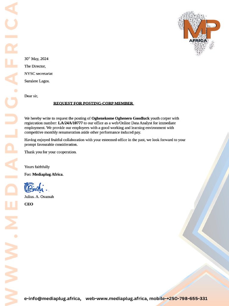 Nysc Posting Letter | PDF Nysc Posting Letter | PDF