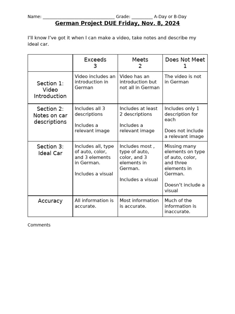 Student Copy of German Rubric For Project | PDF