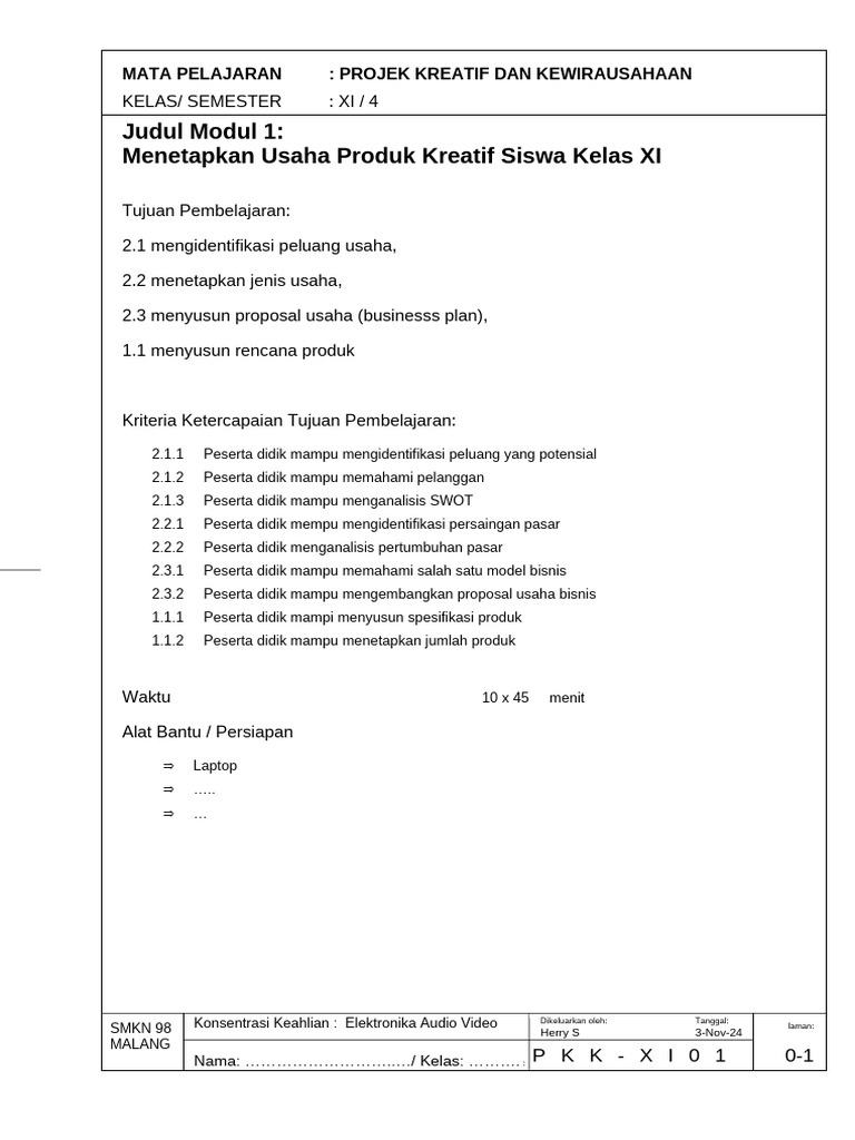 01 Contoh Modul Ajar - PKK - Menyusun Proposal Usaha Produk Kelas XI ...