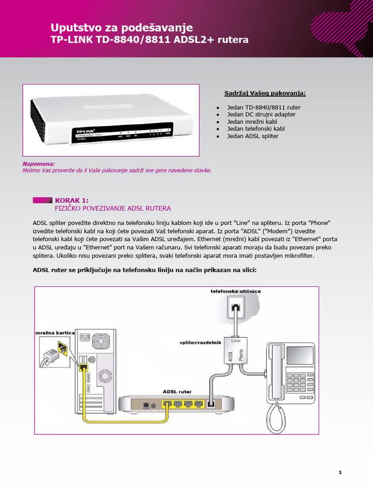 Uputstvo Za Podesavanje TP-LINK TD-8840-8811 Rutera | PDF