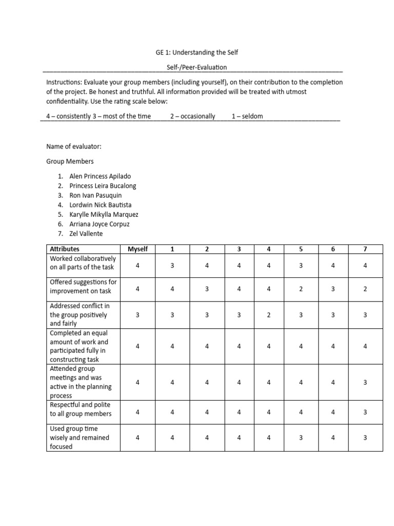 Peer And Self Evaluation | PDF