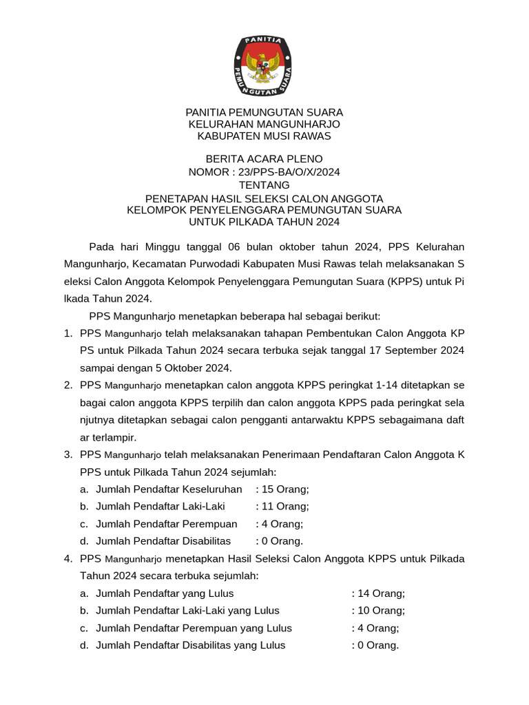 0 Berita Acara PPS Penetapan Hasil Seleksi KPPS Fix | PDF