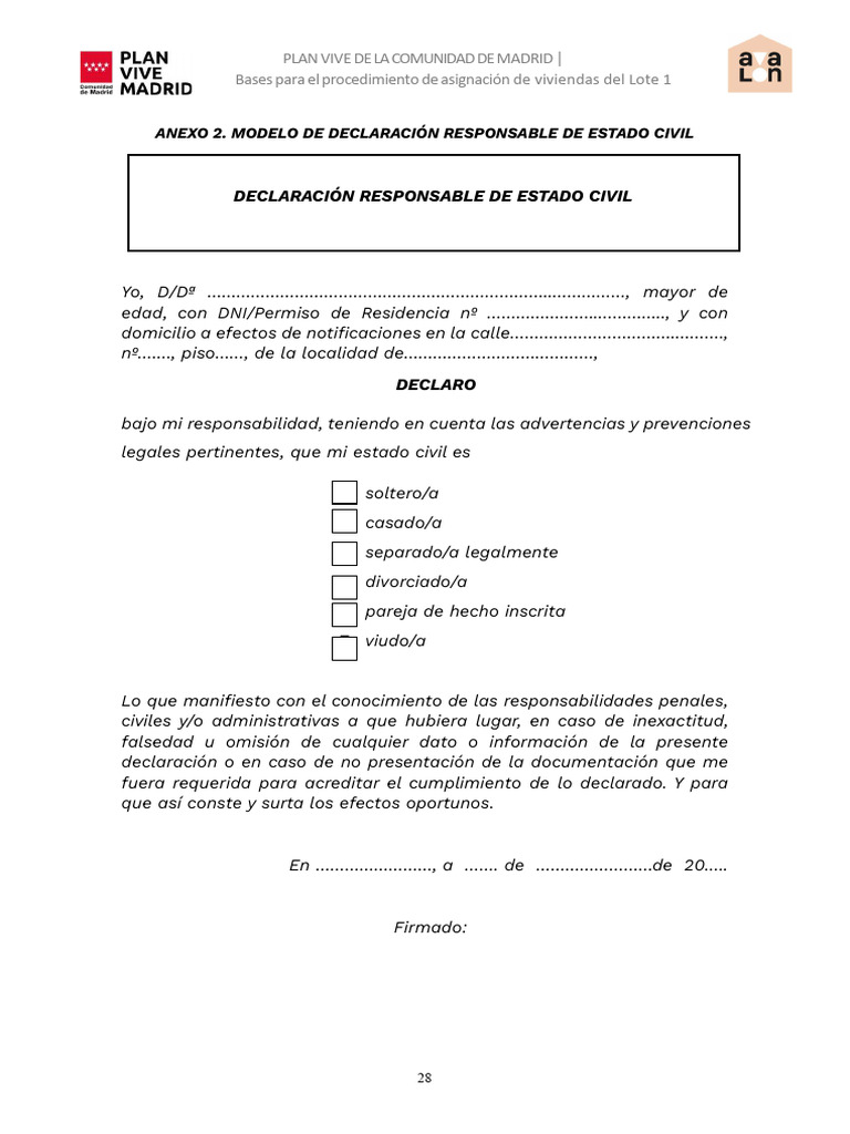 Anexo 2. Modelo de Declaración Responsable de Estado Civil 0824 | PDF | Ciencias sociales | Derecho