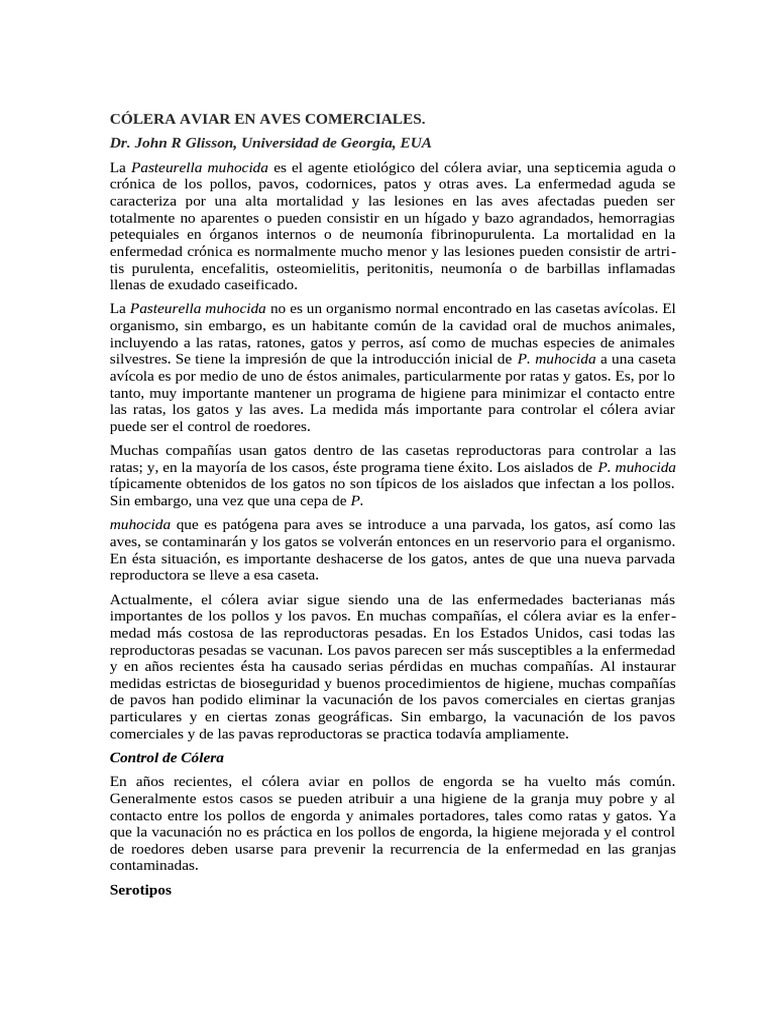 Cólera Aviar | PDF | Vacunas | Inyección (medicina)