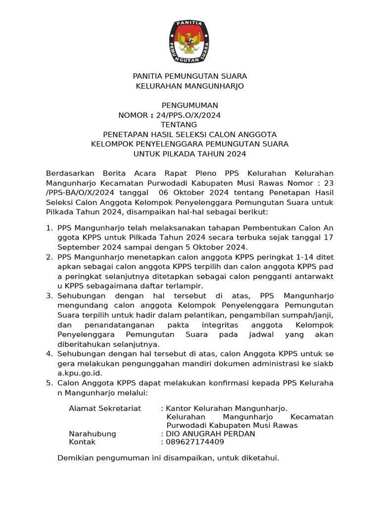 1 Pengumuman PPS Penetapan Hasil Seleksi KPPS Fix | PDF