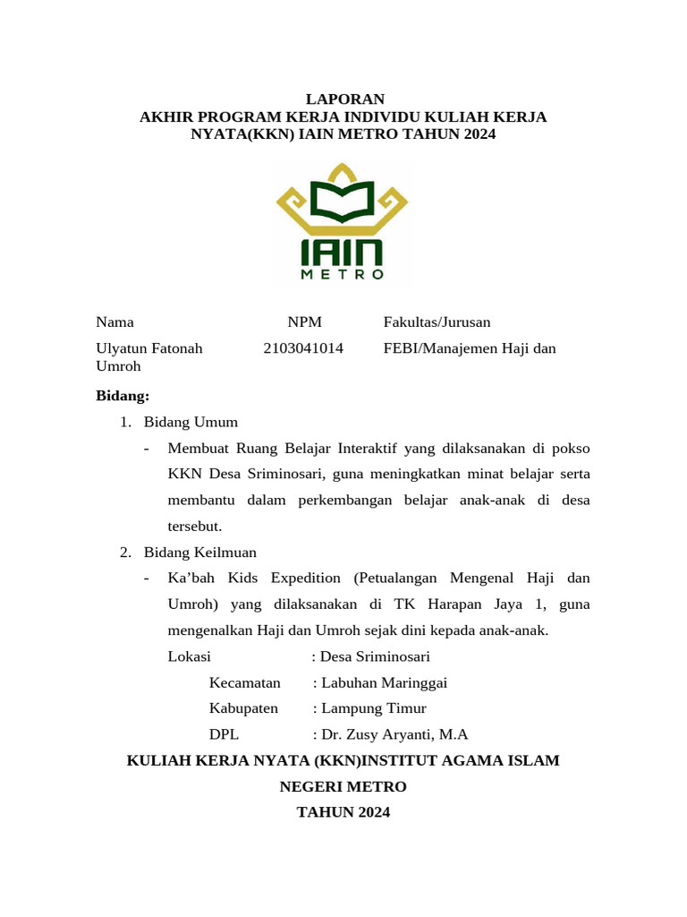 Contoh LAPORAN KKN ULYA | PDF