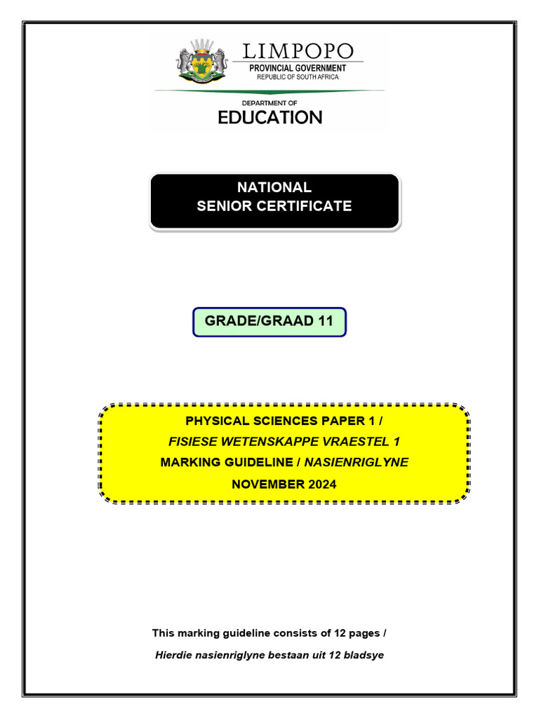 PHSC GR 11 Physics P1 Marking Guideline Nov 2024 Bilingual | PDF ...
