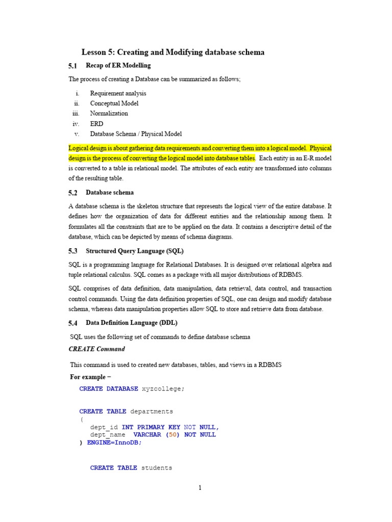 Lesson05-Creating and Modifying Database Schema | PDF | Relational Model | Relational Database